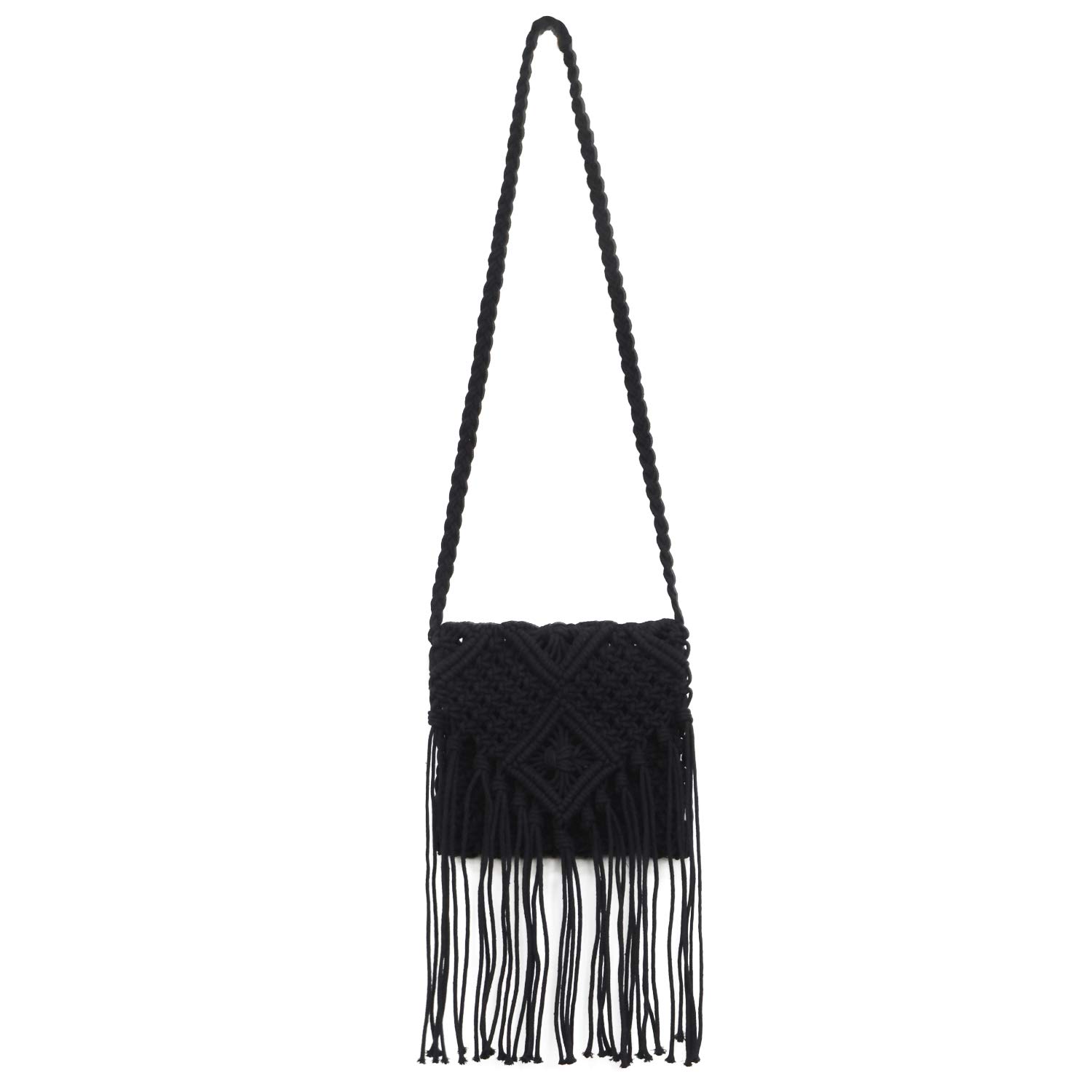 QTKJ Women's Crochet Square Crossbody Bag Hand-Woven Boho Tassels Summer Beach Cotton Messenger Shoulder Bag with Zipper (Black)