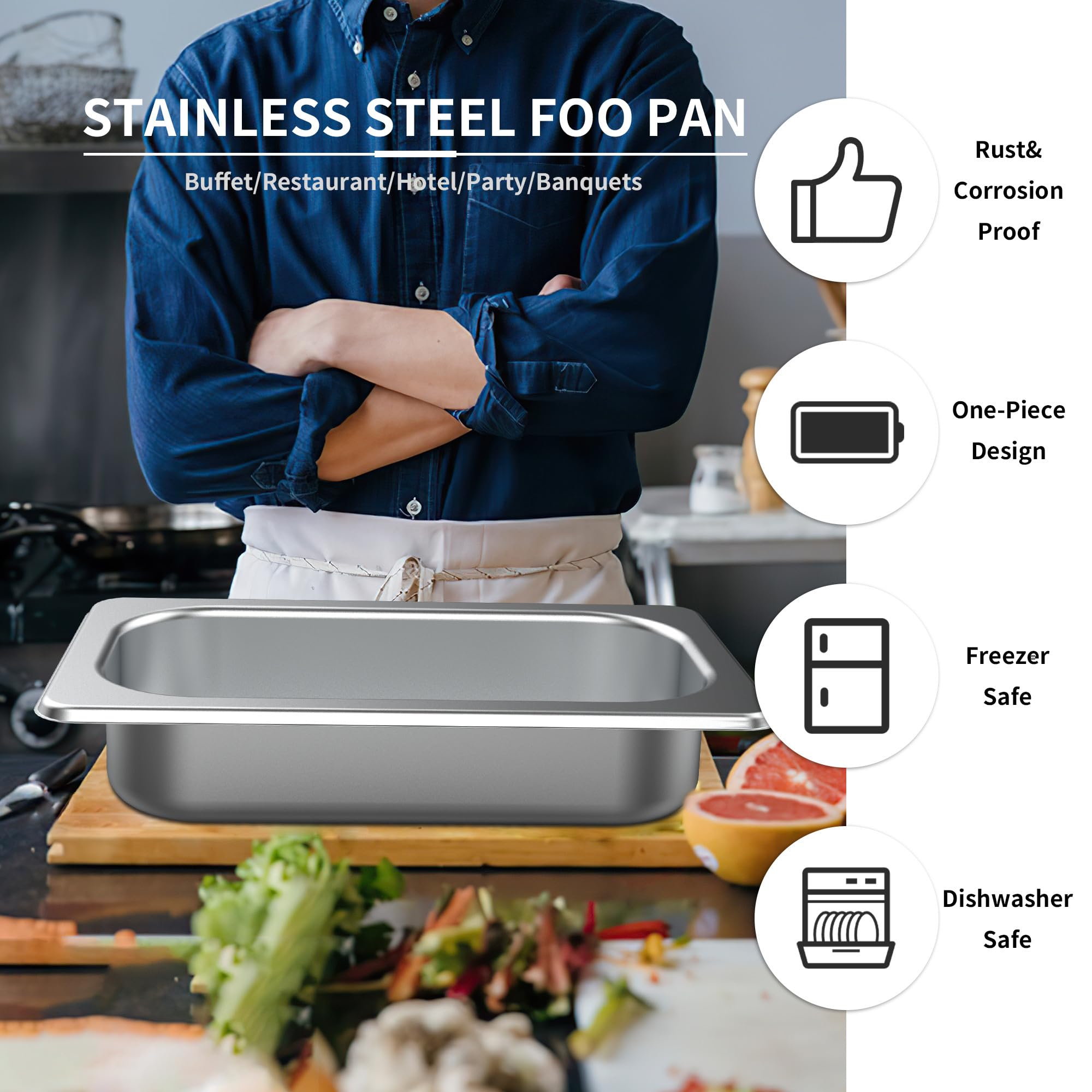 HNEDSEN 6 Pack Stainless Steel Hotel Pan With Lids Full Size 4 Ince Deep Steam Table Metal Food Pan Steamer Trays for Buffet Catering Pans Metal Commercial Kitchen Pans
