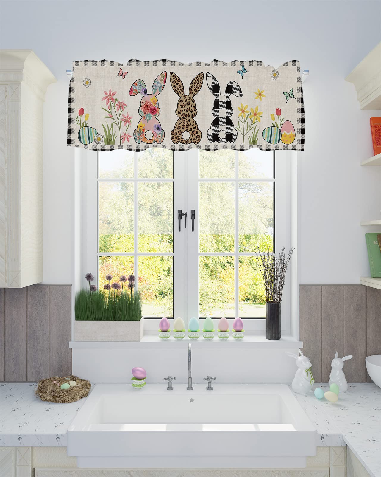 Valance Curtain for Kitchen Windows Happy Easter Fashion Leopard Gorgeous Flower Plaid Bunny Dream Garden Elegant Bathroom Window Curtain Valance Rod Pocket for Bedroom Living Room, 1 Panel
