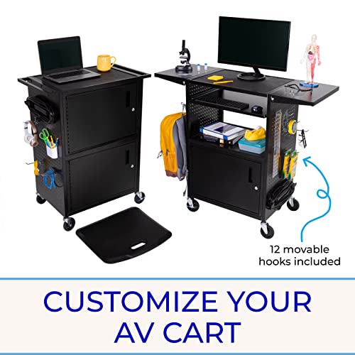 Line Leader Stellar AV Cart | Computer Cart with Pegboard Siding & 12 Hooks for Customizable Storage | Locking Cabinet & Pullout Keyboard Tray | UL Safety Certified Power Outlets | Locking Wheels