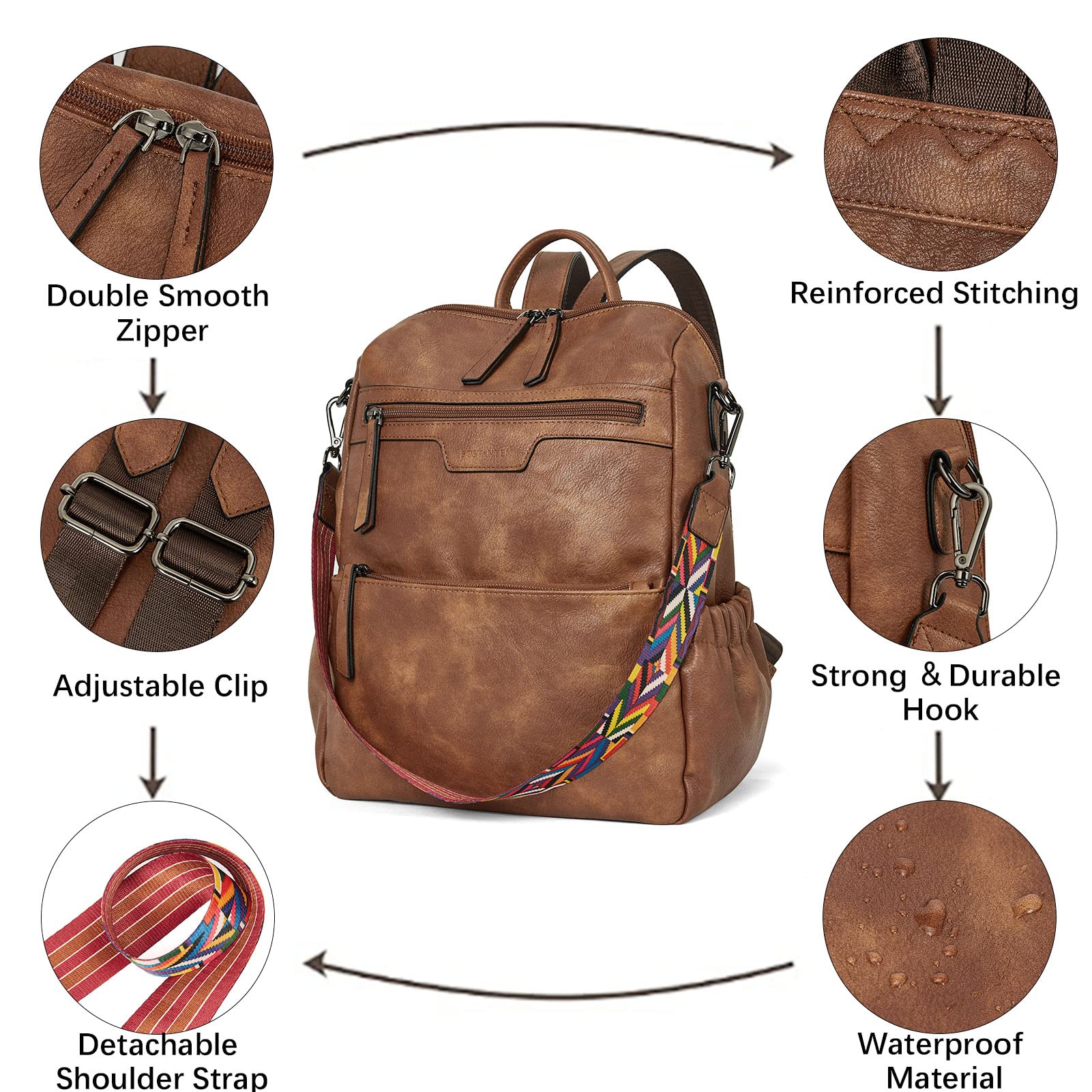 BOSTANTEN Backpack Purse for Women Fashion Designer Travel Backpack Leather Convertible Shoulder Bags Casual Daypack Brown