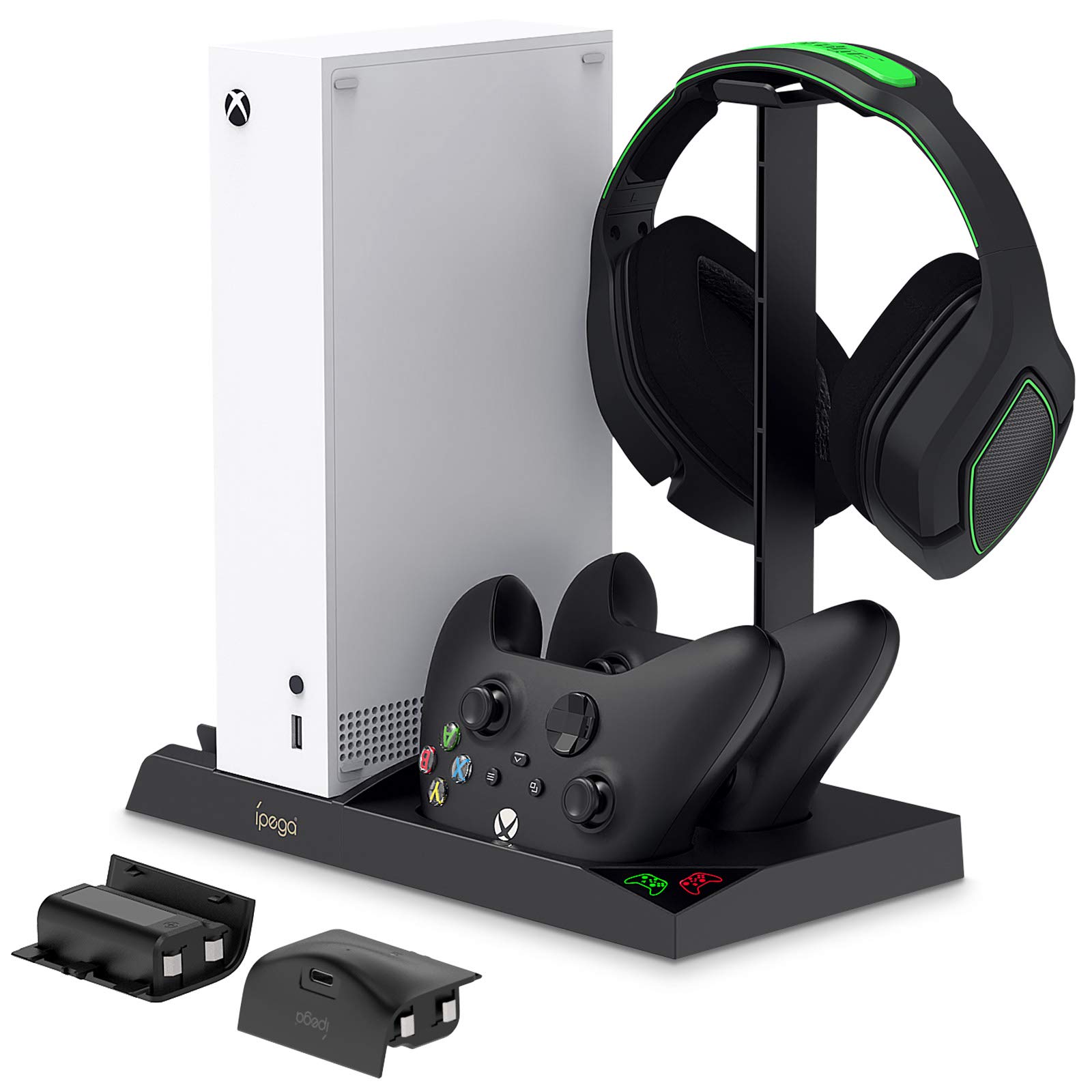 Cooling Stand for Xbox Series S, Dual Controller Charging Dock Station with LED Indicators, 2 Pack 1400mAh Rechargeable Batteries and Headset Stand (Only for Xbox Series S)