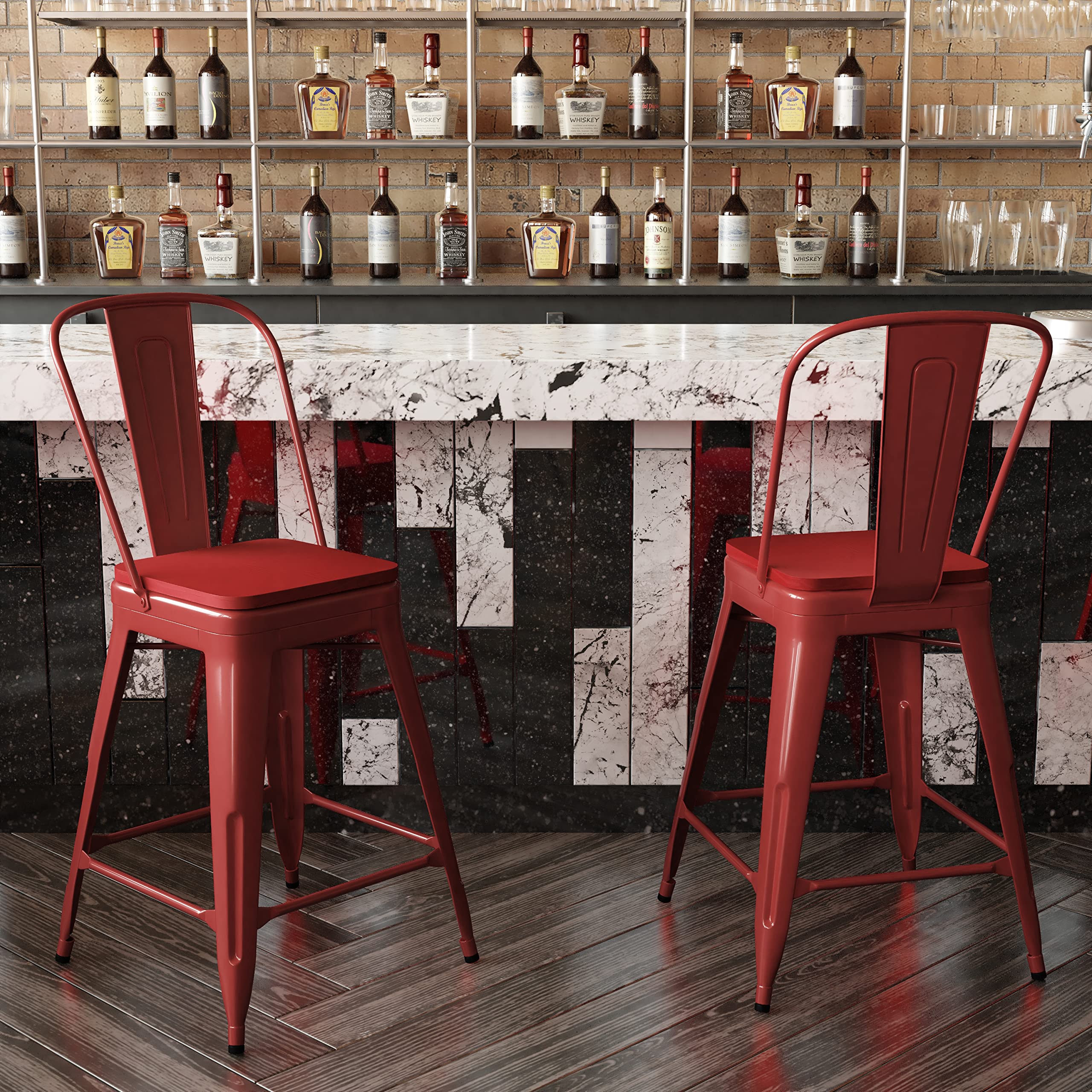 EMMA + OLIVER Kam 24" High Counter Stool - Red Metal Frame - Red Polyresin Seat - Removable Backrest - for Indoor/Outdoor Use
