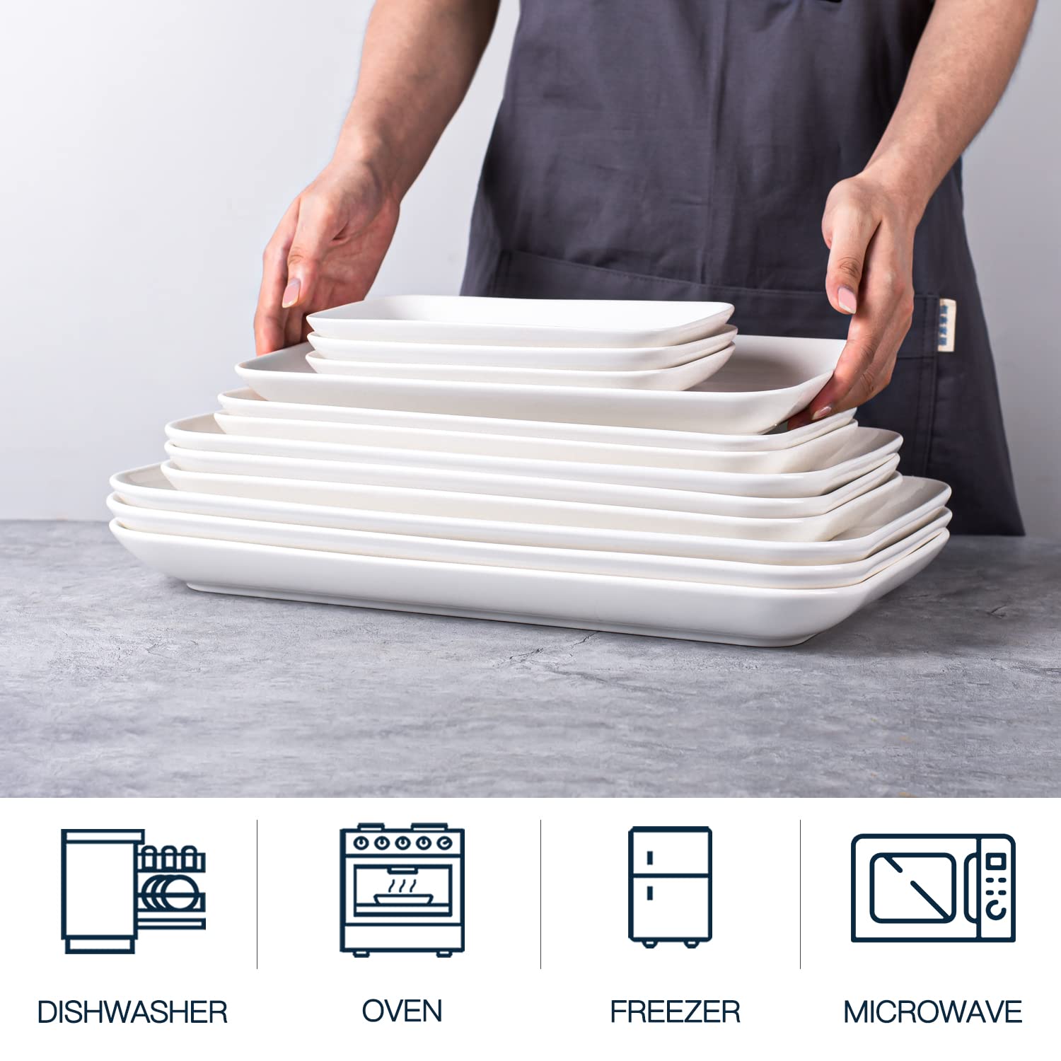 DELLING Large Serving Platter Set 12in White Rectangular Serving Plates/Salad Dish - Big Serving Trays for Parties Meat, Sushi, Dinner Plate Oven Safe Dinnerware Set of 3