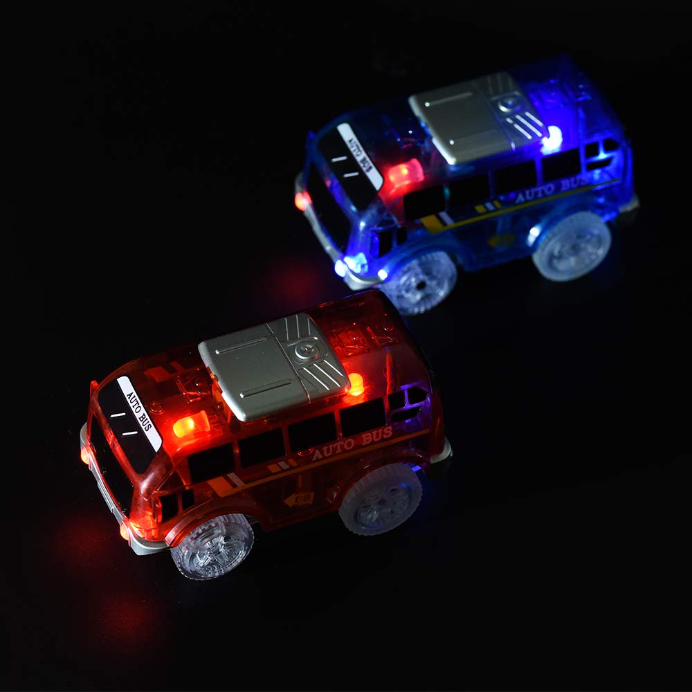 QUOXO 4 Pack Tracks Racing Car Only Replacement,Light Up Toy Cars Glow in The Dark Track Accessories for Boys and Girls