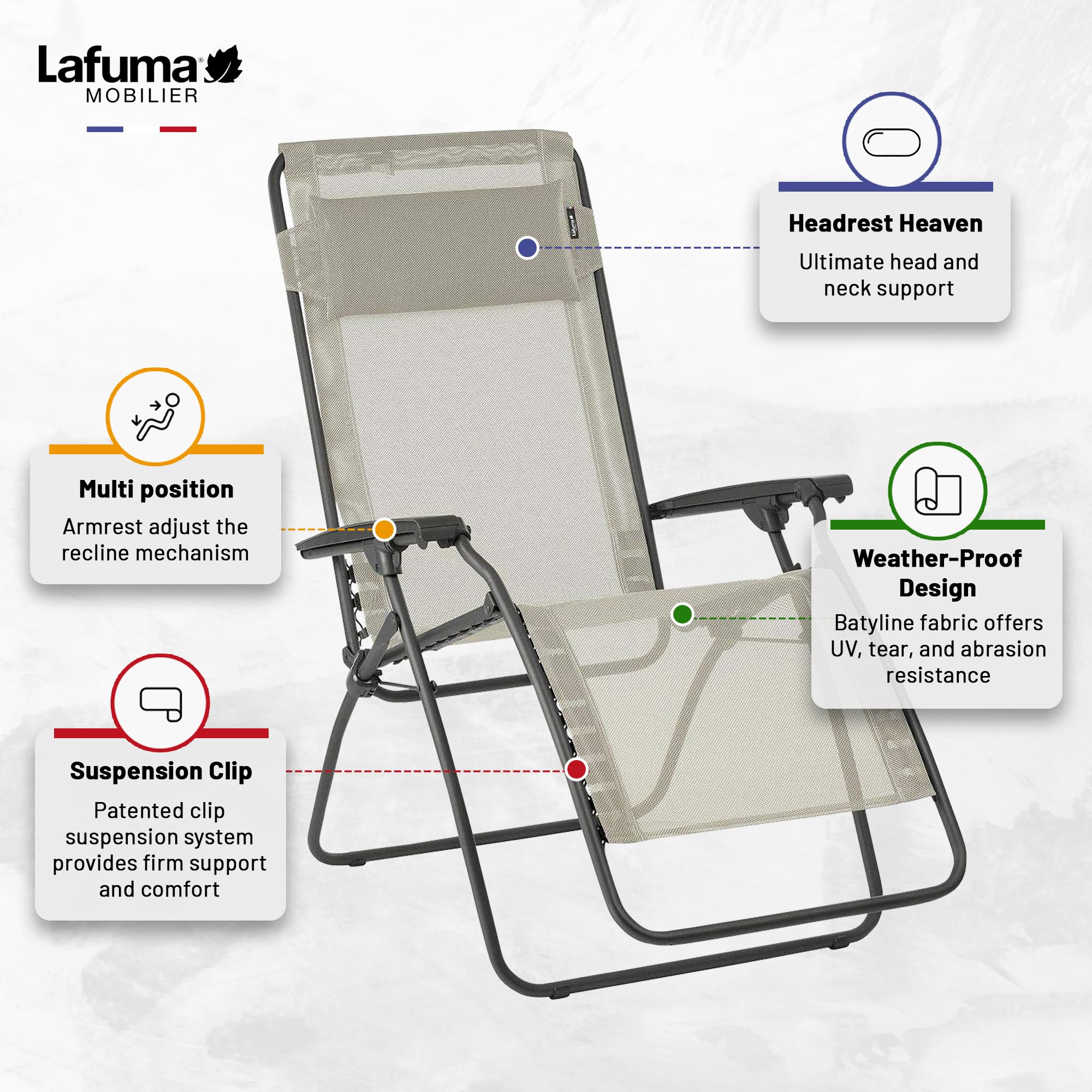 Lafuma R-Clip Batyline Relaxation Patio and Poolside Zero Gravity Outdoor Lounge Recliner Chair with Adjustable and Removable Headrest, Seigle