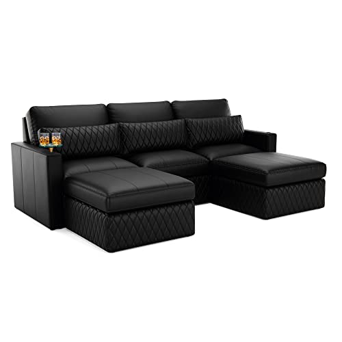 Seatcraft Diamante Sofa w/Two Ottomans, Living Room, Italian Leather, Down Feather Lining, Strong Engineered Reinforced Wood Frame, Black