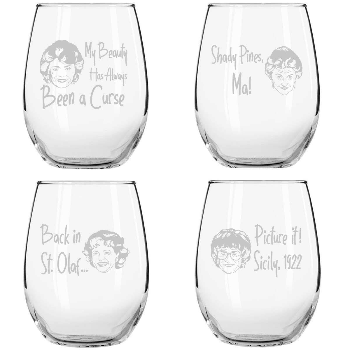 DU VINO Golden Girls Inspired Stemless Wine Glass Set of 4 (15 oz)- USA MADE-Funny Novelty Glasses for Party, Event, Girls Night-Gift For Mom, Women Best Friend- Fun Drinking for Bachelorette Parties