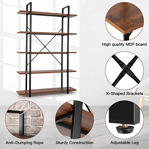 Himimi 5 Tier Bookshelf, Open Vintage Industrial Style Bookshelves and Bookcase, Etagere Bookcase with Metal Frame for Home and Office Organizer