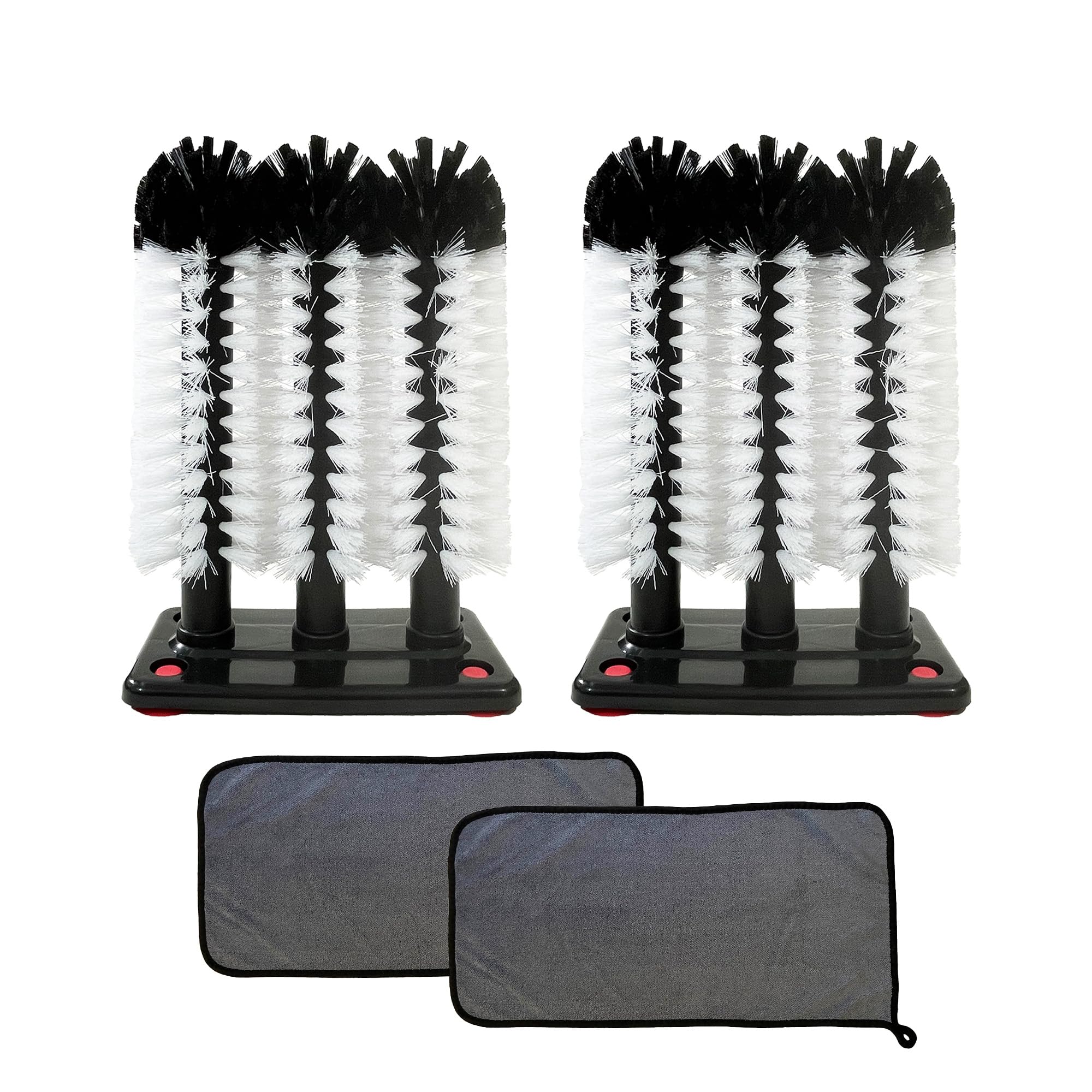 Glass Washer Brush - 2 Pack - 3 Brush Bar Glass Cleaner - Brushes for Large Cups Glasses and Bottles - Suction Cups for Stable Grip on Sink, Bar and Kitchen Top - Includes 2X Cleaning Cloths