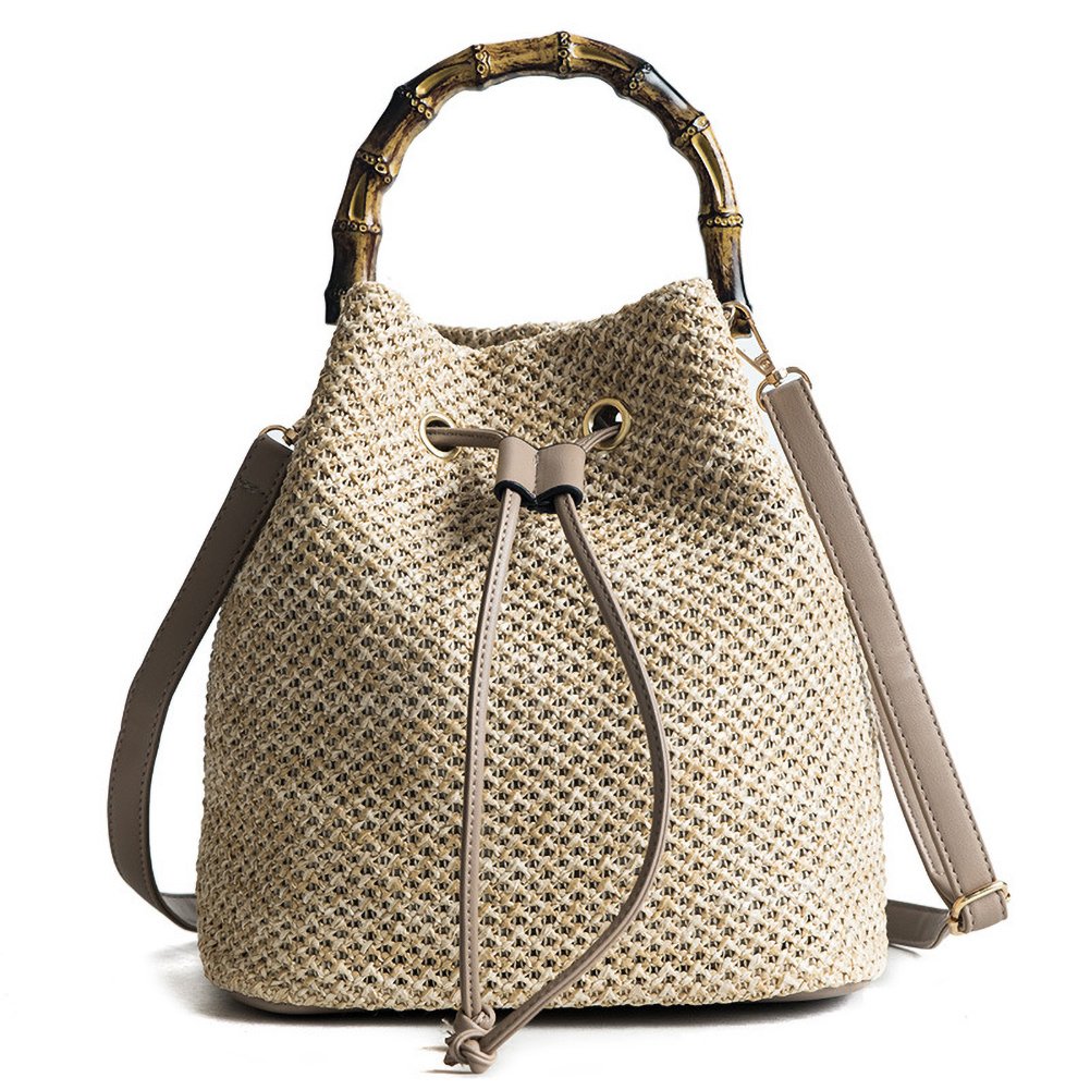 QZUnique Straw Bucket Bags for Women Top Handle Drawstring Woven Handbag Shoulder Bag Summer Beach Purses with Bamboo Handle
