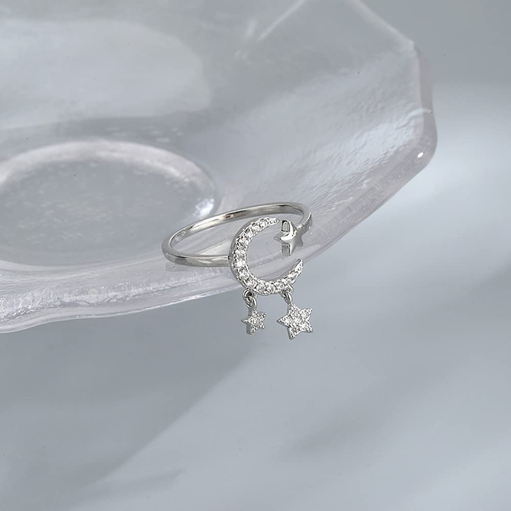 Crescent Moon Star Open Rings for Women Cubic Zirconia Dangle Tassel Adjustable Stacking Statement Knuckle Finger Ring Promise Wedding Promise Gift Anniversary Valentine's Day Fashion Jewelry Gifts Daughter