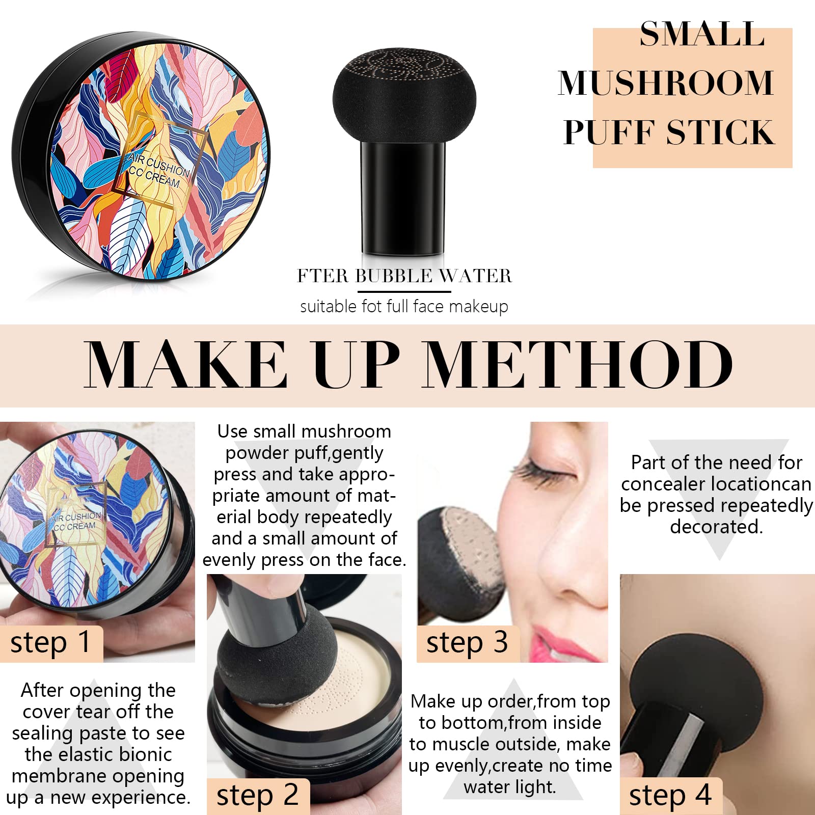 FRDUGA Air Cushion CC Cream，BB Cream Foundation，Mushroom Head Air Cushion CC Cream, Moisturizing Concealer, Makeup Long Lasting Matte,Easy to Apply (Natural)
