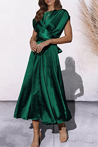PRETTYGARDEN Women's 2023 Summer Satin Midi Dress Cap Sleeve Tie Waist Elegant A-Line Flowy Dresses (Dark Green,Large)