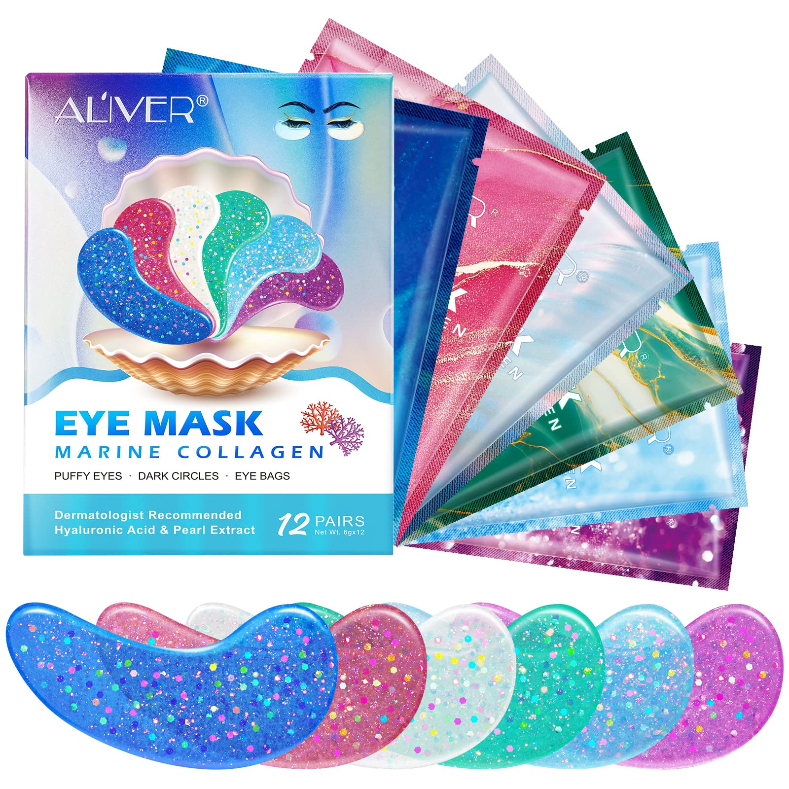 FRDUGA Marine Collagen Eye Masks, 12 Pairs - Anti-Aging, Dark Circle, Moisturizing, Puffiness, Wrinkles