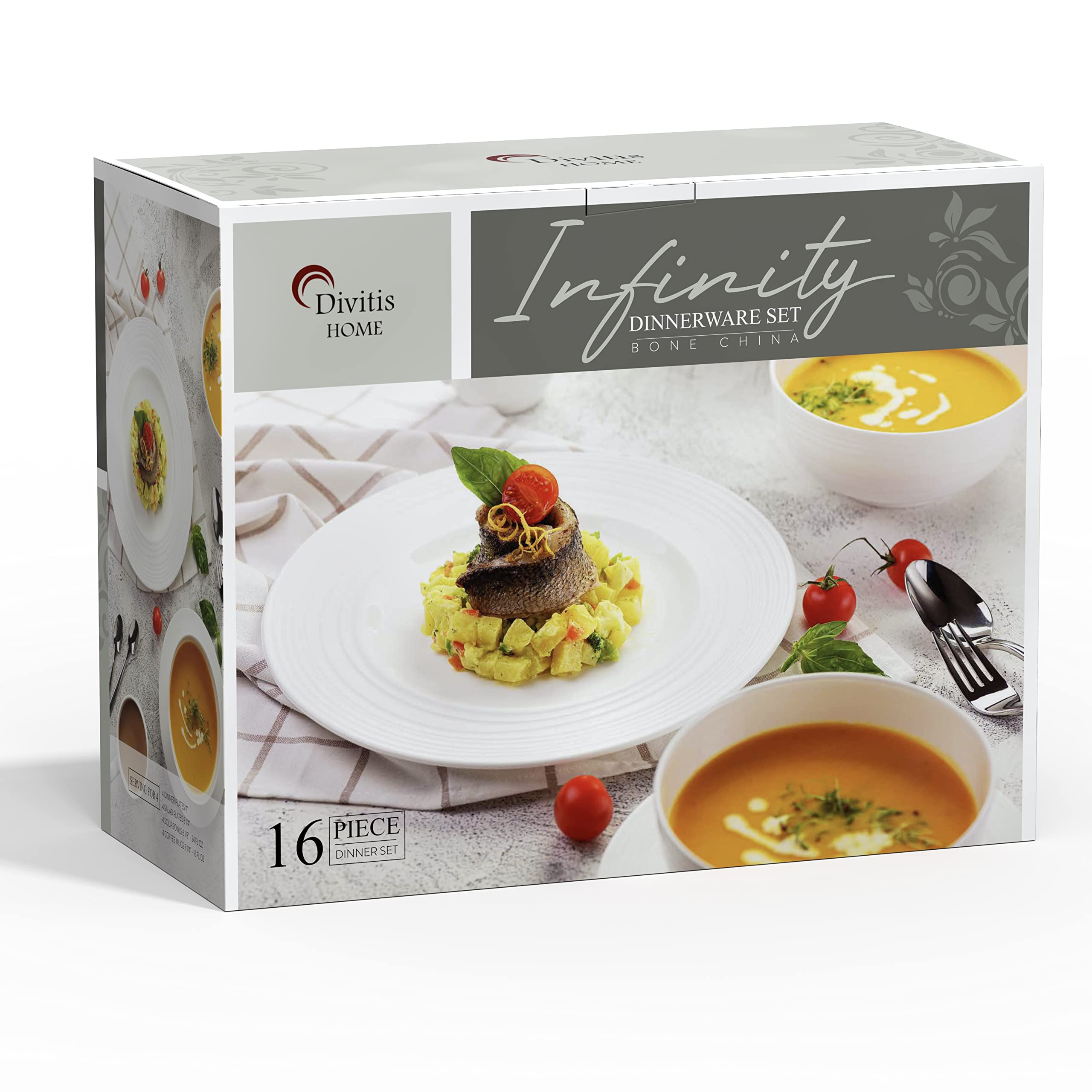 Divitis Home Infinity bone china dinnerware set 16pcs, Round Plates (Soup Bowls, Dinner Plates, Salad Plates), Dinnerware Sets, Dinner Plates, Plates and Bowls Sets (Infinity)