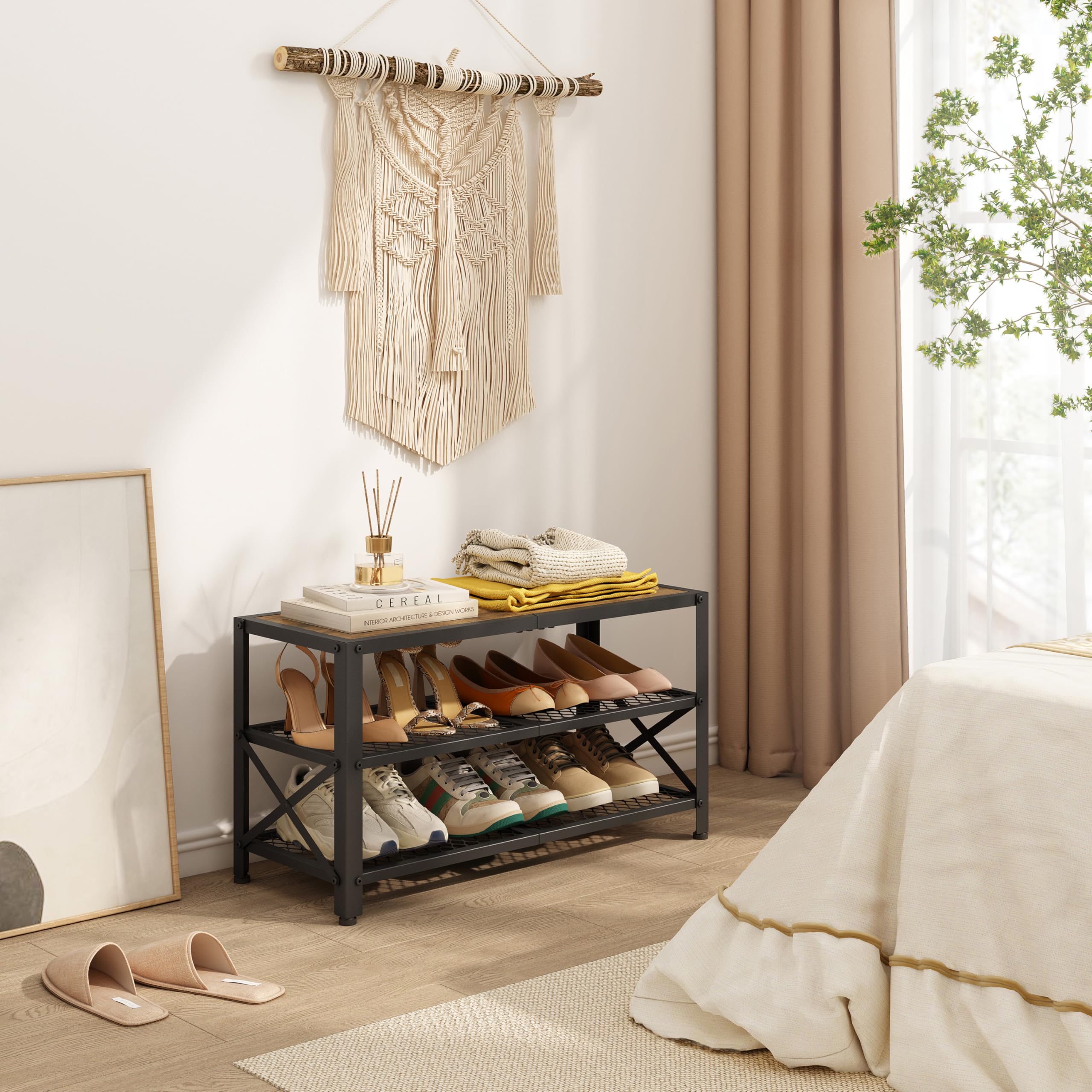 Hoctieon Shoe Rack, 3-Tier Shoe Organizer, 28in Small Wooden Shoe Bench for Front Door, Shoe Storage with Mesh Shelves for Entryway Living Room Hallway Closet, Rustic Brown (3-Tier)
