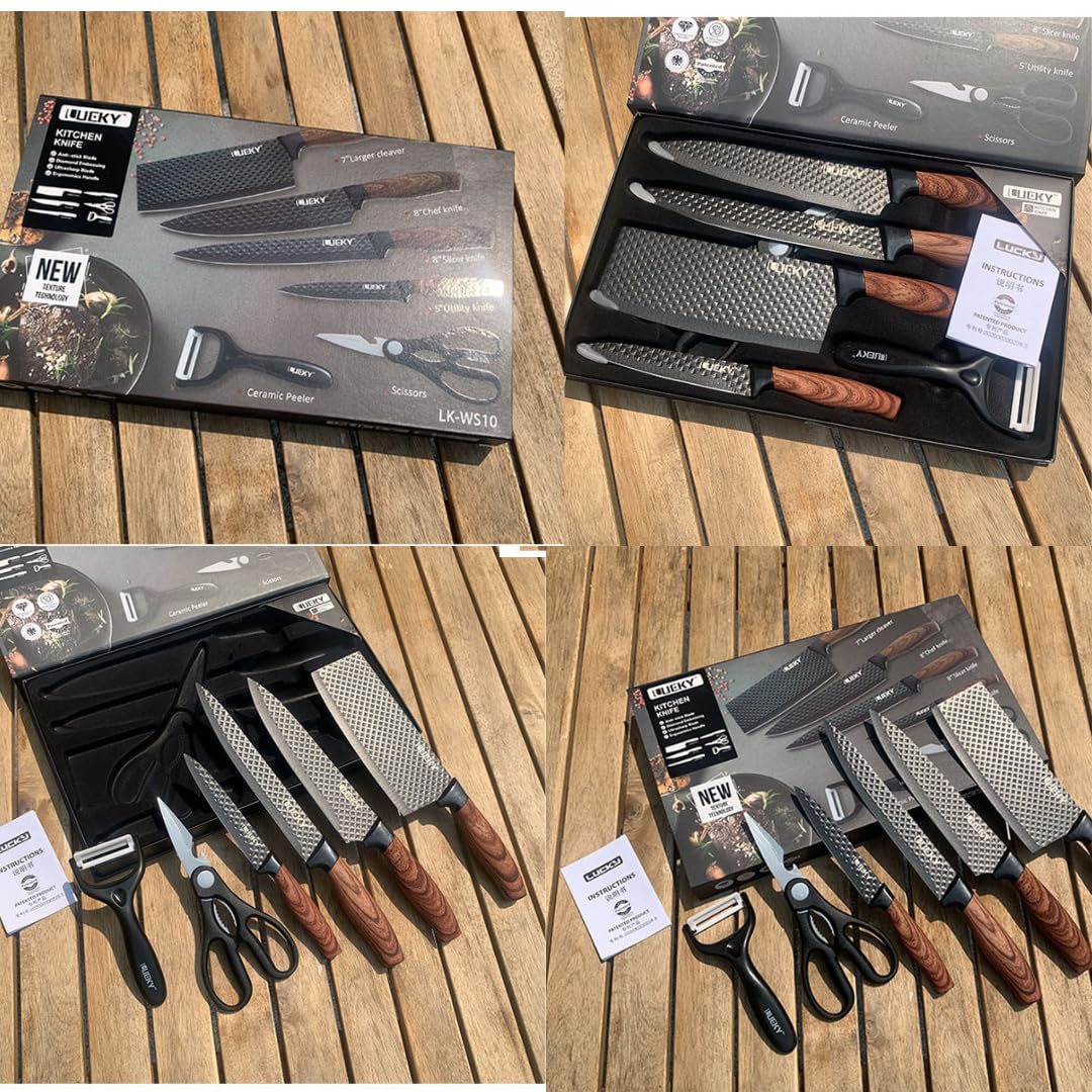 GLOVEVA Set of 6 Knife Set with Giftbox Wave Pattern Sharp Kitchen Knifes wood grain rubber handle chef kitchen knife block sets carving knife set, LARGE&SMALL
