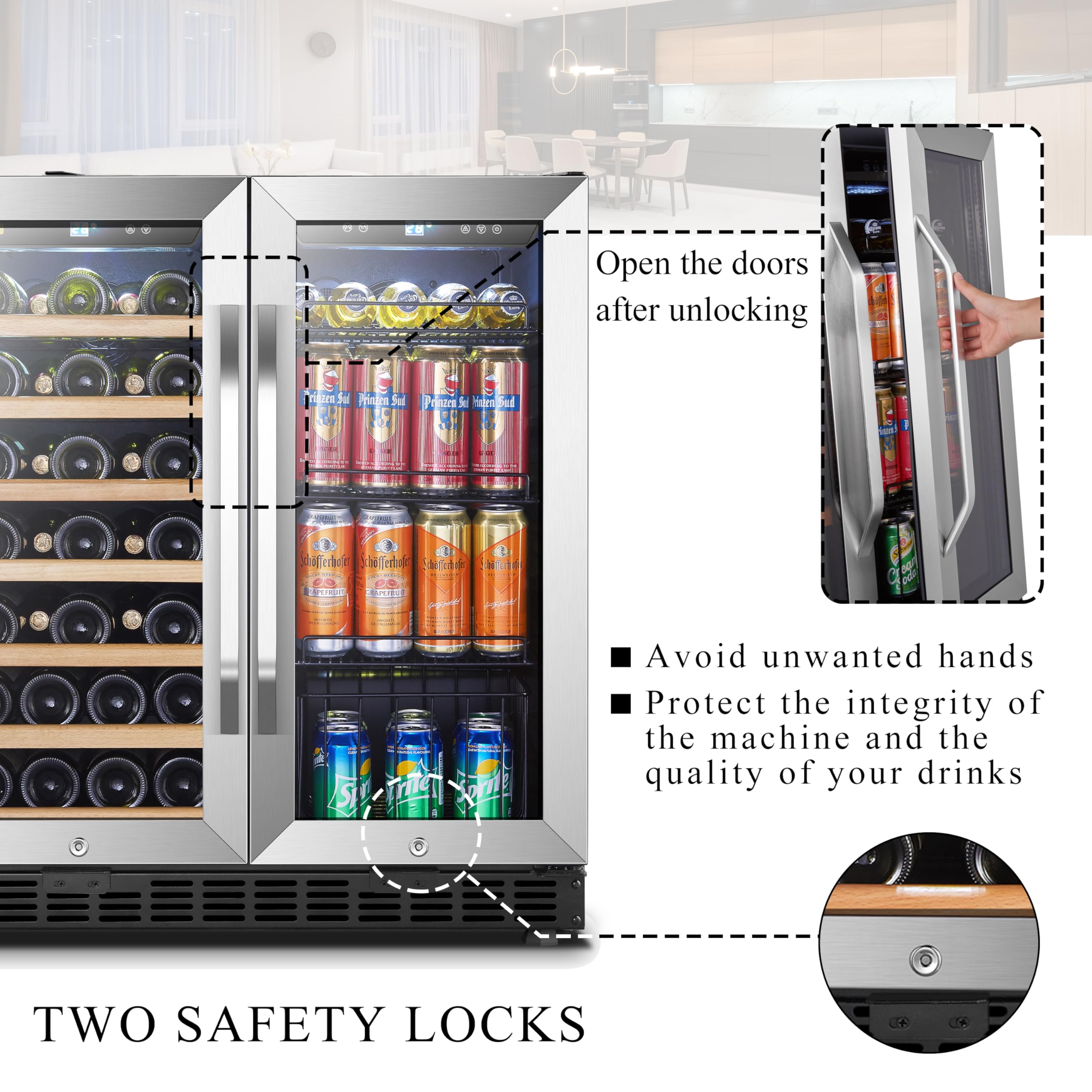 Lanbo Wine Cooler Refrigerator, 30 Inch 33 Bottle and 70 Can Under Counter Beverage Fridge with Stainless Steel Glass Door, Safety Lock and Digital Memory Touch Control
