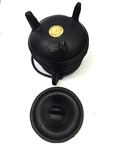 New Age Imports, Inc. Cast Iron Cauldron w/handle & lid, ideal for smudging, incense burning, ritual purpose, decoration, halloween decoration, candle holder, etc. (Ribbed Style 4" High, 2.25" Dia)