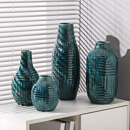 hjn Ceramic Vase- Teal Vase for Home Decor,Flower Vase for Centerpieces, Modern Decor Vases for Living Room/Bookshelf/Mantel/Home Decor Accents - Teal texture-Large-10.6" H