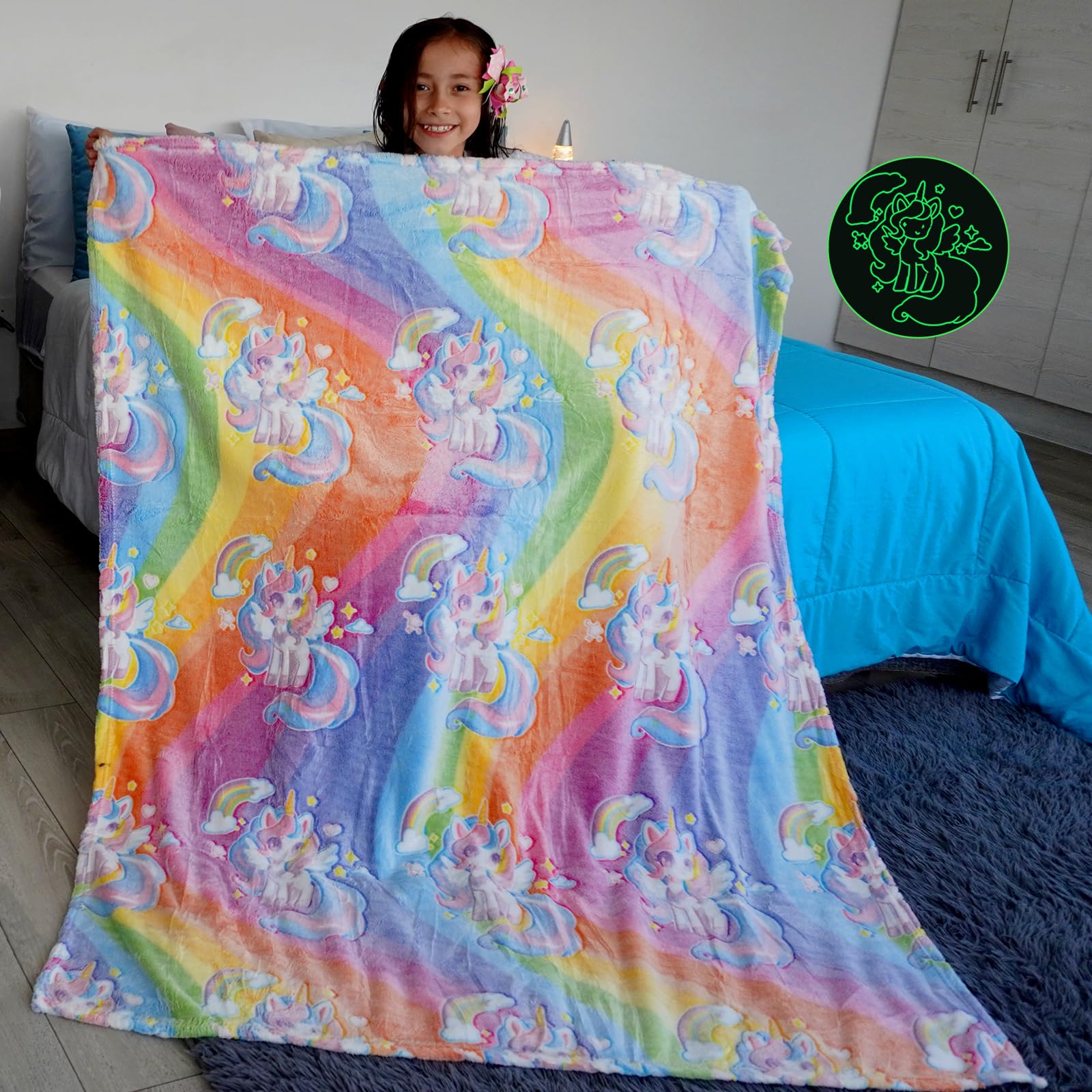 Glow in The Dark Rainbow Unicorn Flannel Throw Blanket – Soft and Cozy for Girls Ages 3 to 10, Suitable for Bedroom, Travel, Camping, Napping, Christmas and Birthday Gift for Girls, Size 50"x60"