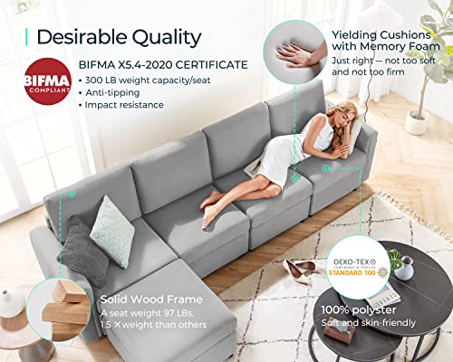 LINSY HOME Modular Sectional Sofa, Convertible L Shaped Sofa Couch with Storage, Memory Foam, Modular Sectionals with Ottomans, 5 Seat Sofa Couch with Chaise for Living Room, Grey