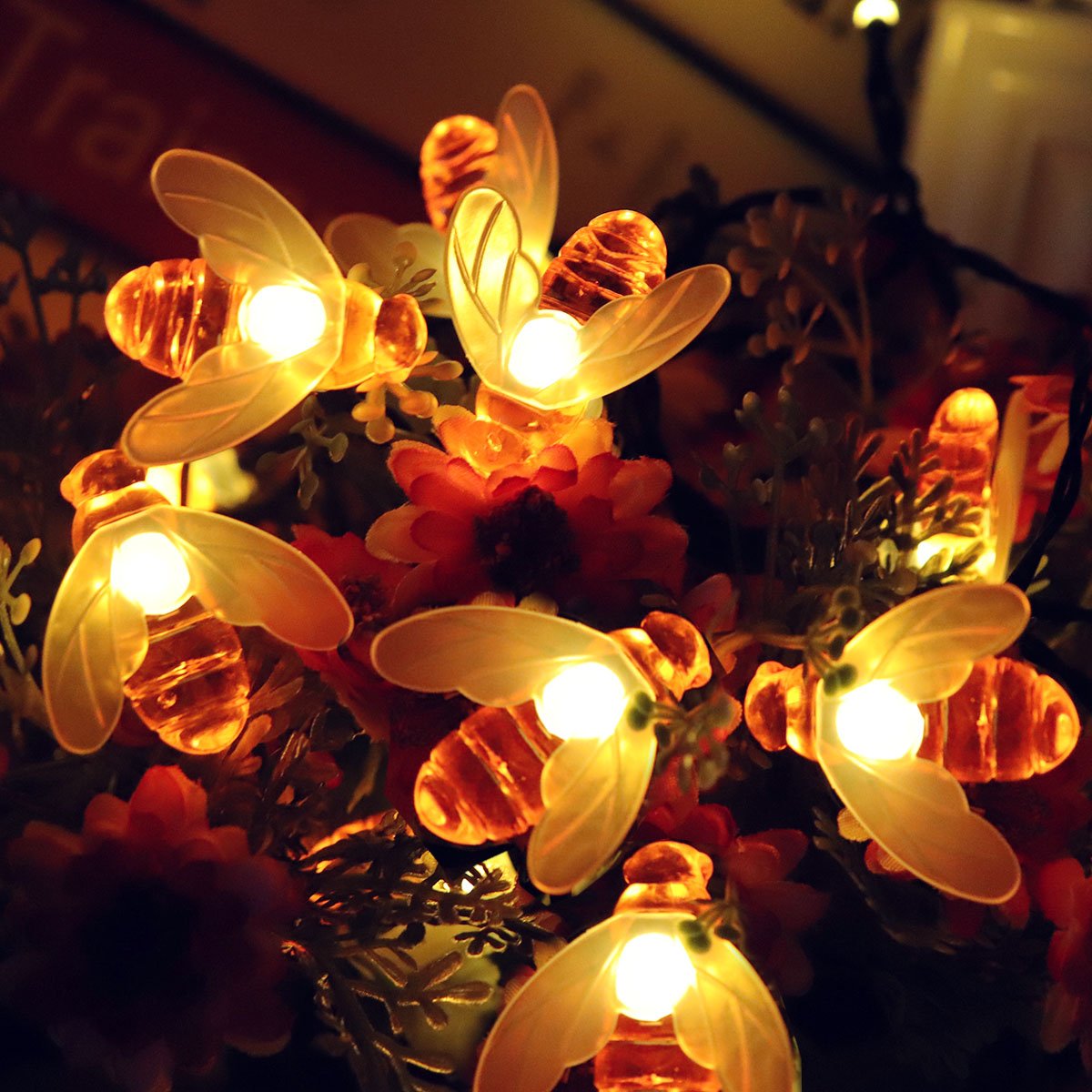 Solar Powered String Lights, 30 Cute Honeybee LED Lights, 15FT 8 Modes Starry Lights, Waterproof IP65 Fairy Decorative Lights for Outdoor, Wedding, Homes, Gardens, Patio, Party, (Warm White)