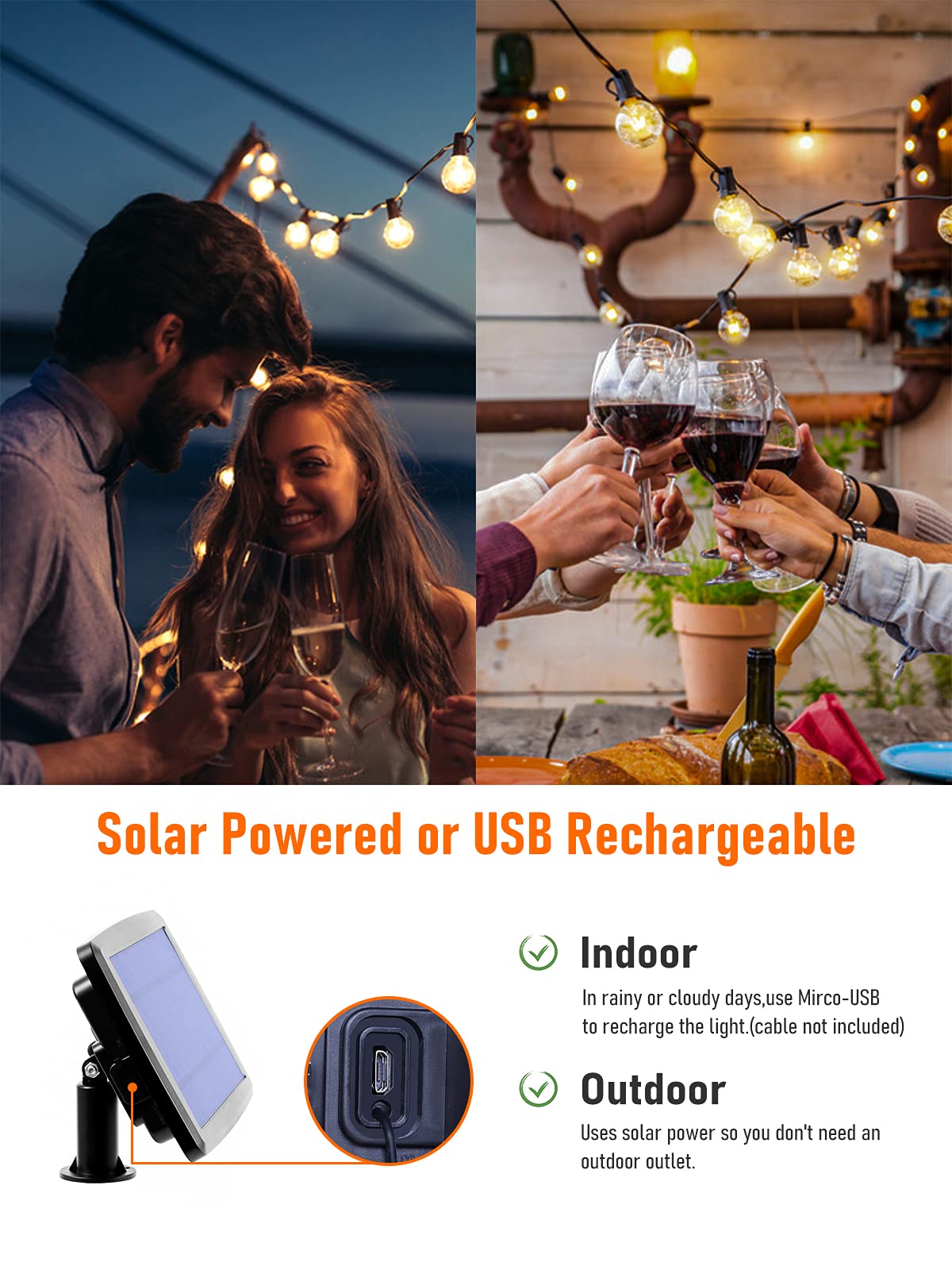 Solar String Light Outdoor Lijun 50FT S14 LED Patio Lights Waterproof Shatterproof 4 Light Mode Solar Powered with 17 Plastic Hanging E26 LED Bulbs for Porch, Pergola, Backyard, Garden, Party, Wedding