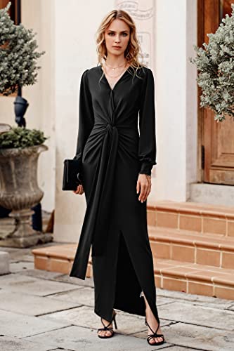 PRETTYGARDEN Women's Spring Long Sleeve Maxi Bodycon Dresses V Neck Twist Front Ruched Cocktail Evening Dress with Slit (Black,Medium)