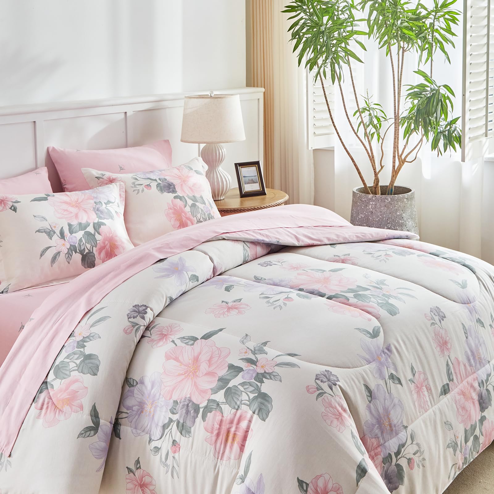 Botanical Bed in a Bag 7 Pieces King Size Cotton Comforter Sheet Set Gray Flowers Leaves Bedding Set (1 Comforter 2 Pillow Shams 1 Flat Sheet 1 Fitted Sheet 2 Pillowcases)