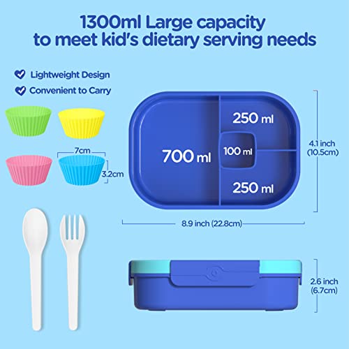 Jelife Lunch Box Kids Bento Box - 1300ML Ideal Leak Proof Bento Lunch Box for Kids School Lunchbox for Teens Toddlers Boys, Lunch Box Snack Containers with Utensil, Food Fork Picks & Cake Cups, Blue