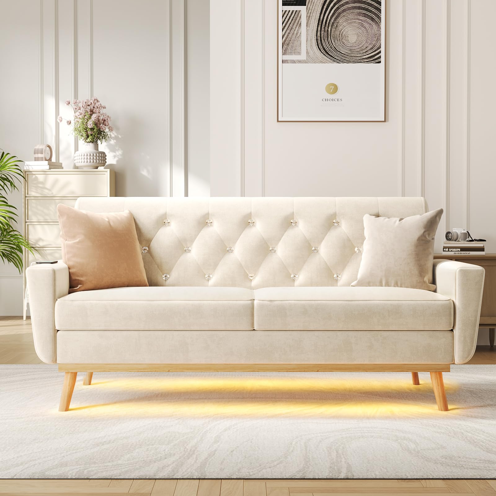 Fameill 65" Loveseat Sofa Couch, Mid Century Modern Love Seat Small Couch with Soft Cushion, LED Light, Crystal Button Tufted, Upholstered Comfy Small Couch for Living Room, Bedroom