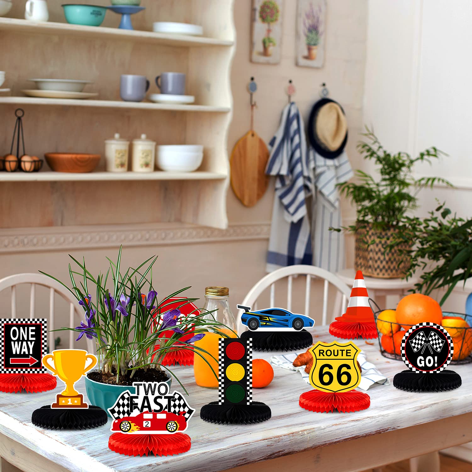 LINGTEER Race Car Two Fast Birthday Table Honeycomb Centerpieces - 9Pcs Let's Go Racing Happy 2nd Birthday Party Table Decorations Sign.