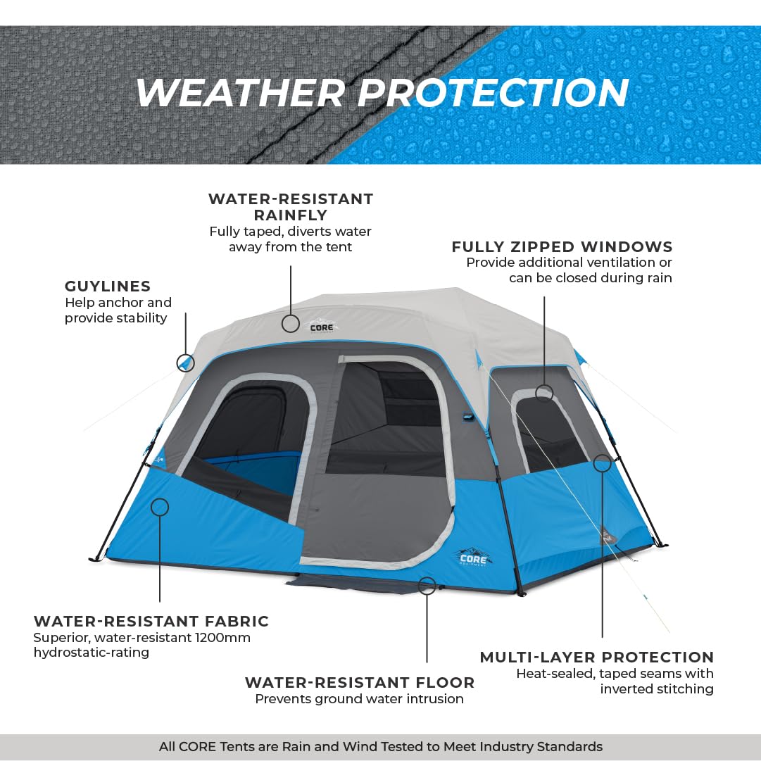 CORE 9 Person Instant Cabin Tent with LED Lights | Lighted Pop Up Camping Tent with Easy 2 Minute Camp Setup | Portable Large Family Cabin Multi Room Tents for Camping