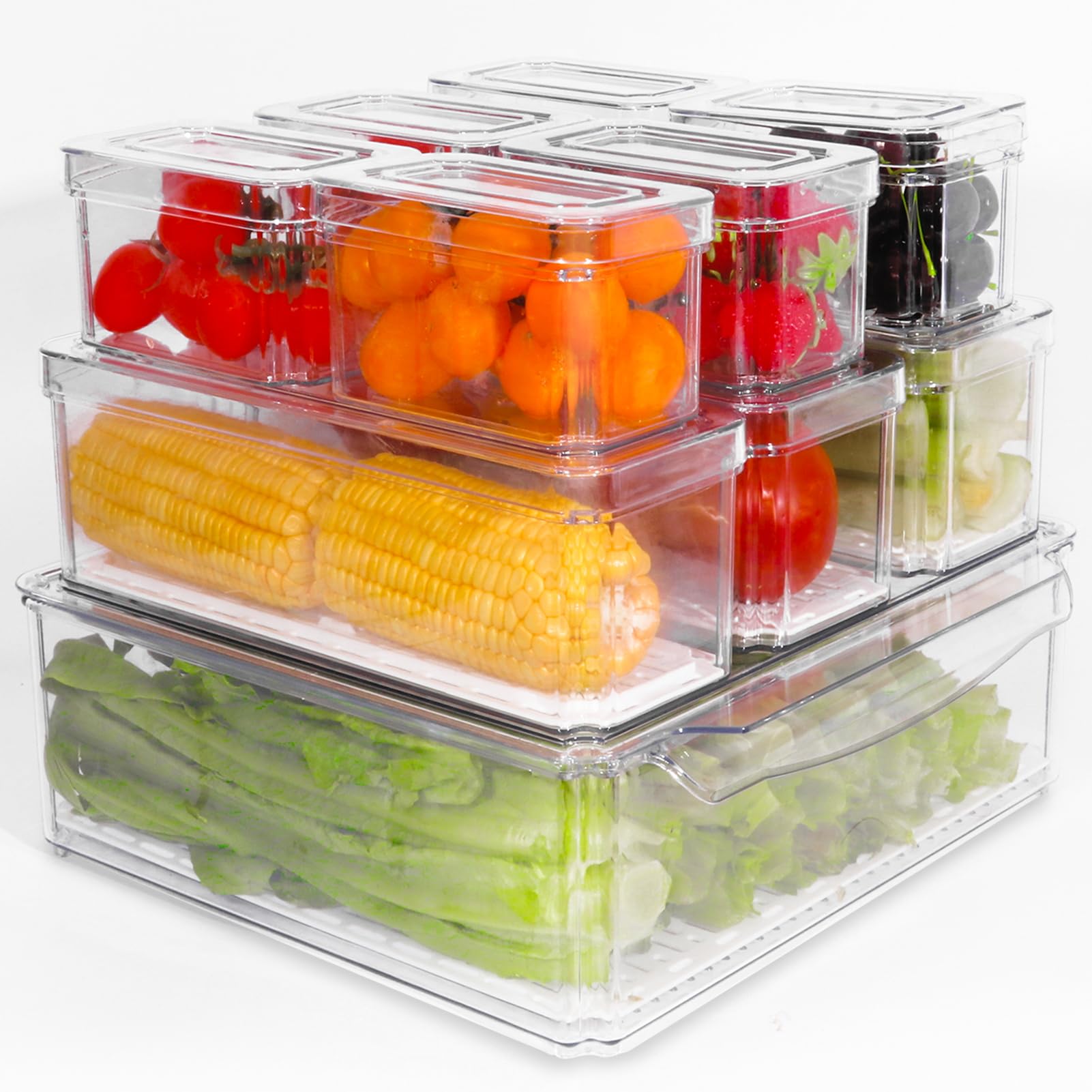 CAIROCK Set of 10 Fridge Organizer Bins with Lids Refrigerator Organizing Organizer Set Fridge Organization and Storage Containers Freezer Organizer Bins for Fruit Vegetable Food
