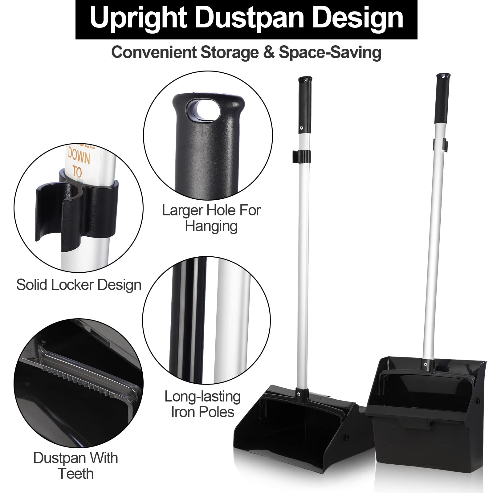 Mumufy 5 Set Lobby Dustpan with Broom Set Lobby Upright Dust Pan and Broom with Long Handle Heavy Duty Commercial Broom Dustpan Combo for Restaurants Kitchen Office Home