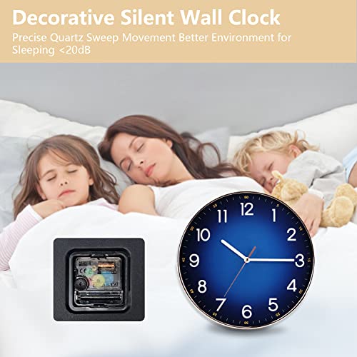 Navy Blue Wall Clock, 12" Modern Round Wall Clocks, Quality Quartz Silent Non-Ticking Wall Clock, Decor Wall Clocks for Living Room Bedroom KitchenHome