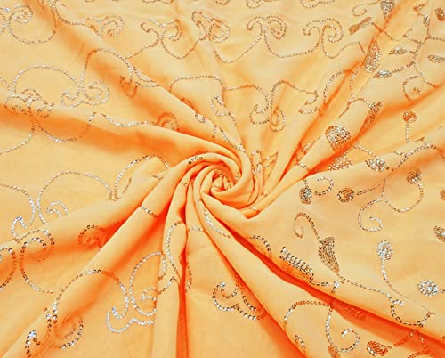 Peegli Vintage Indian Orange Georgette Art Décor DIY Fabric Traditional Sarong Wrap Sequins Work Textile