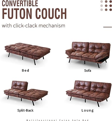 IULULU Futon Sofa Bed Faux Leather Couch with Adjustable Armrests, Modern Industrial Sleeper Daybed for Small Spaces, Living Room, Compact Apartment, Office, House, Condo, Loft, Bungalow, Brown
