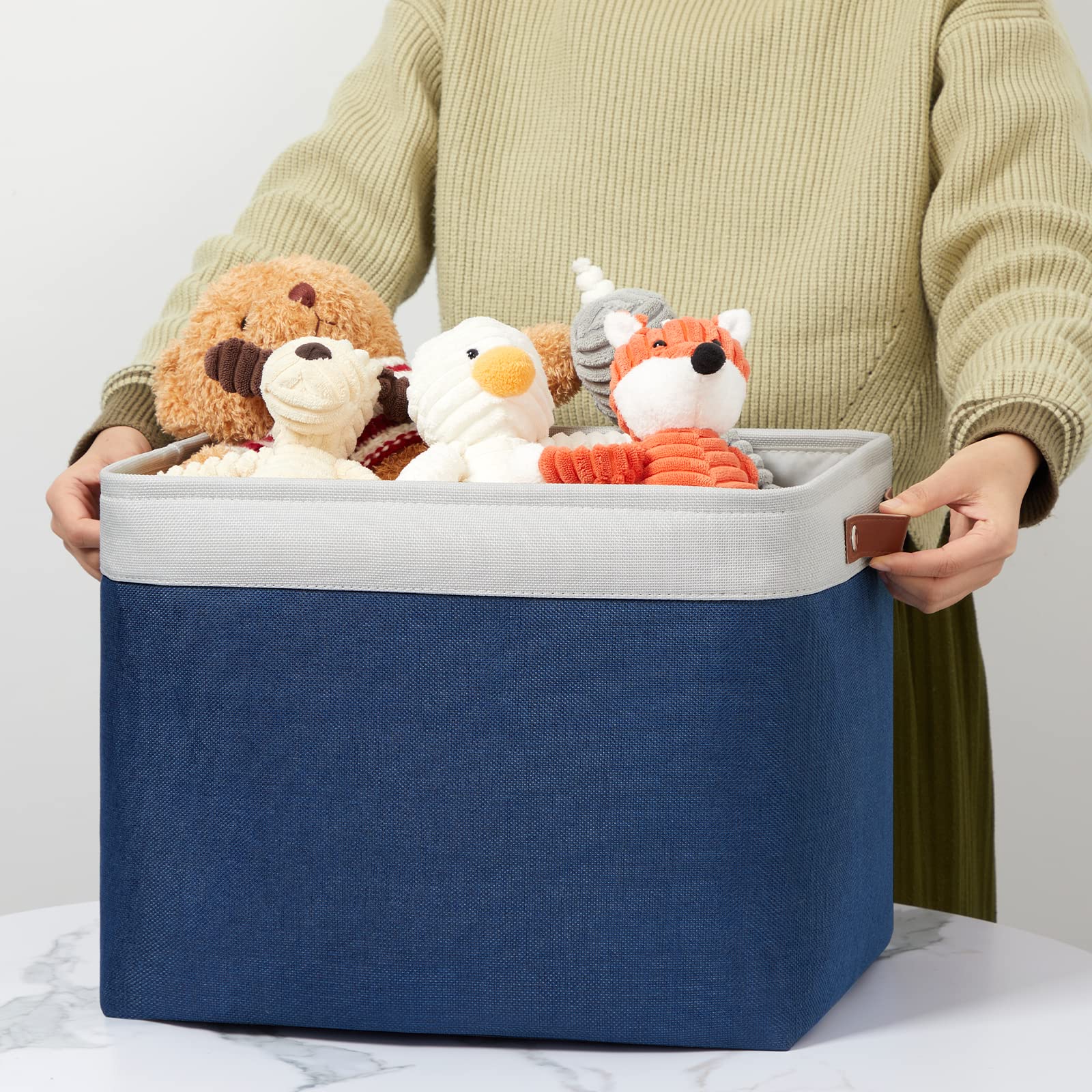 DULLEMELO Collapsible Bundle Baskets 3 Medium Baskets 15"x11"x9.5" + 2 Large Baskets 16"x12"x12"(White&Blue)