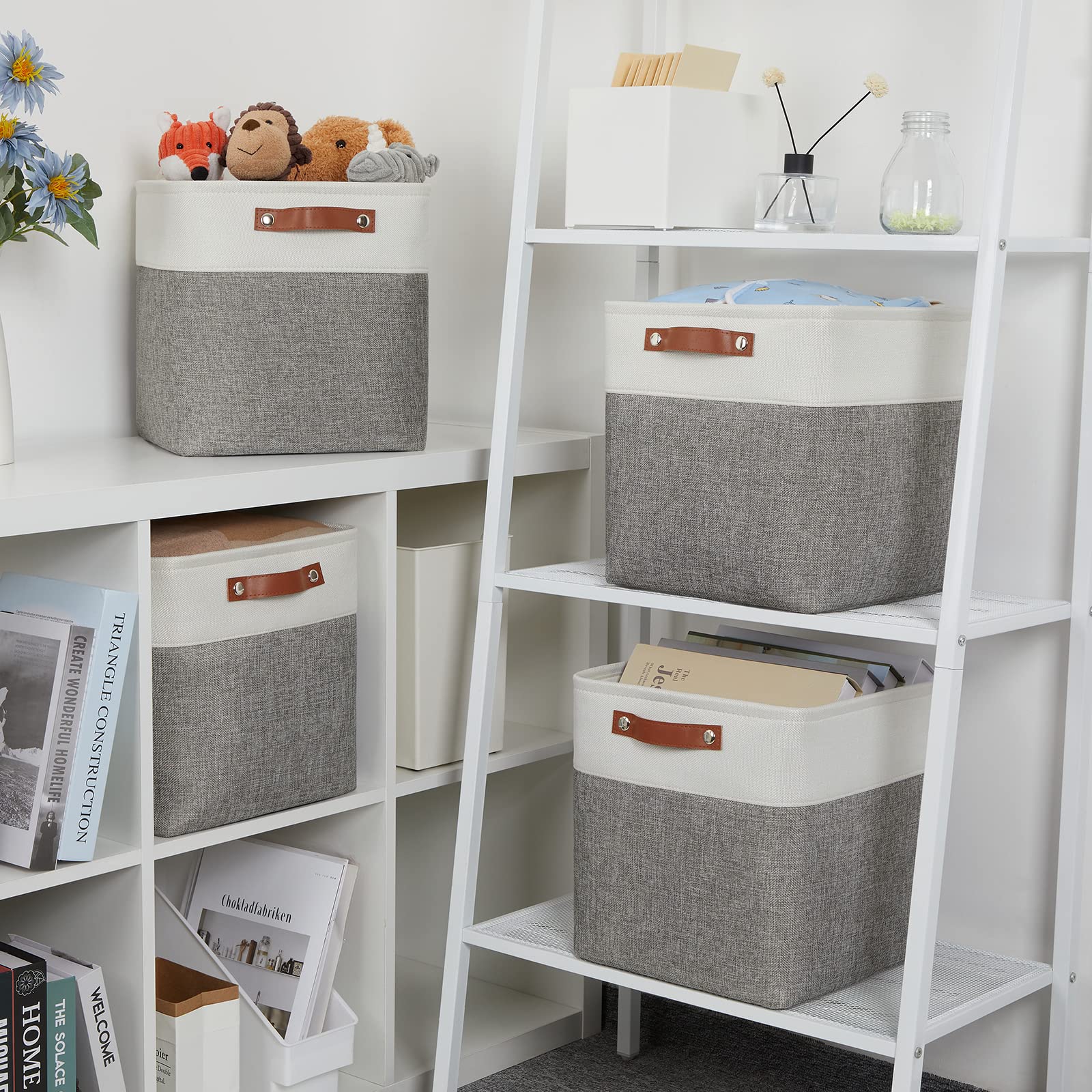 DULLEMELO Collapsible Bundle Baskets 4 Cube Baskets 12"x12"x12" + 6 Small Baskets 11.8"x7.9"x5.1"(White&Grey)