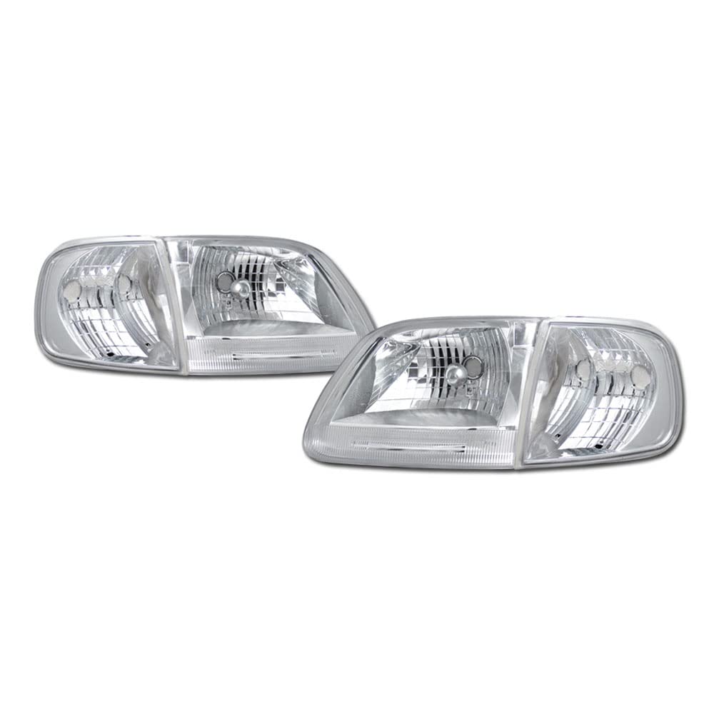 Chrome Clear Housing Crystal Headlights k2 + Front Corner Turn Signal Lights Parking Lamps k2 Compatible With 97-03 Ford F150 / 2004 Heritage / 97-99 F250 Light Duty / 97-02 Expedition