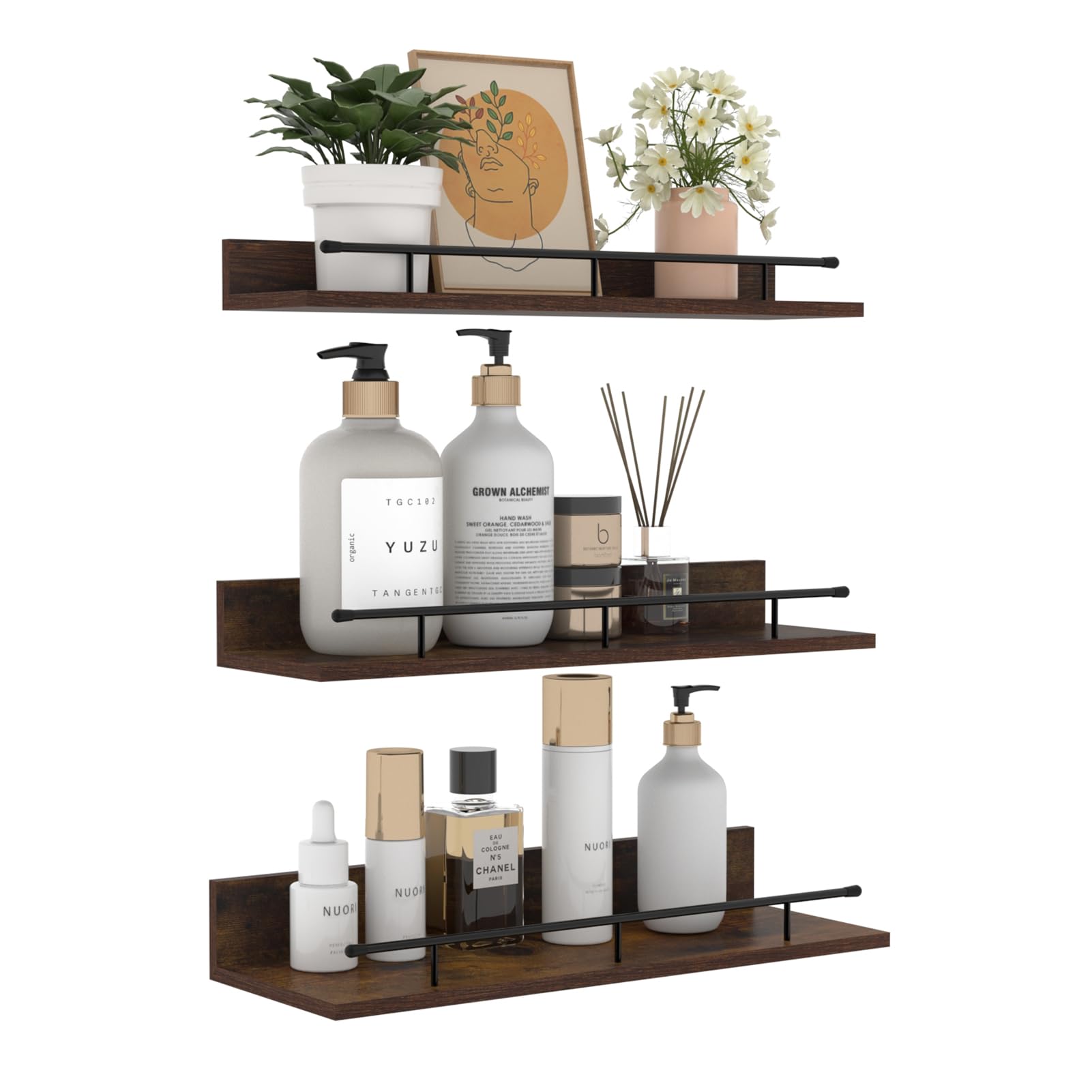Giftgarden 16 Inch Brown Floating Shelves with Black Metal Guardrail, Wood Shelves for Wall Storage Set of 3, Wall Shelf for Bathroom Bedroom Living Room Kitchen Nursery
