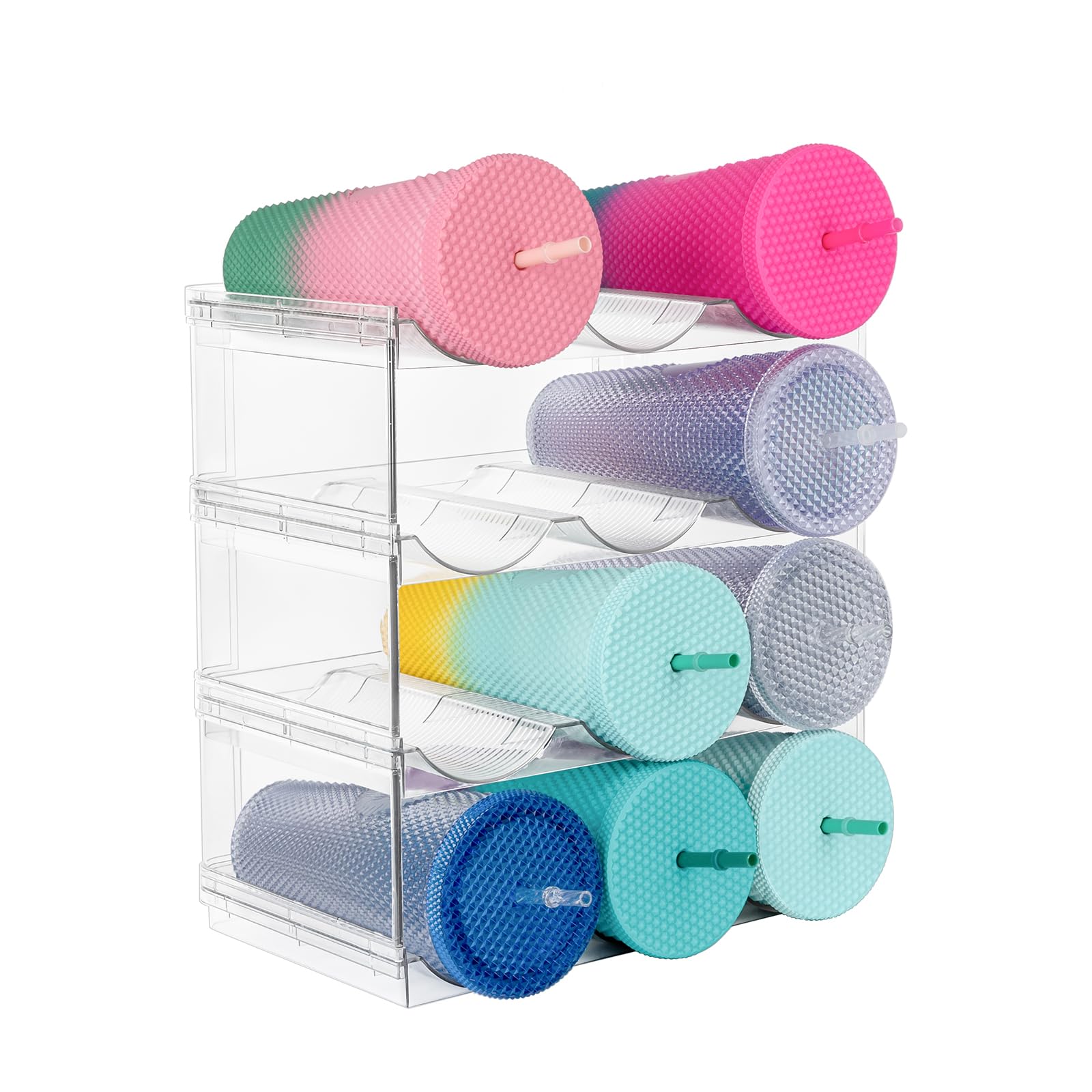 HOGARSWE Water Bottle Organizer, Storage Holder for Kitchen Organization,Fridge, Pantry,Cabinet,Countertop,Cupboard- Plastic Cup Rack Shelf for Wine,Drinks- 4 Layers,Each Rack Holds 3 Containers,Clear