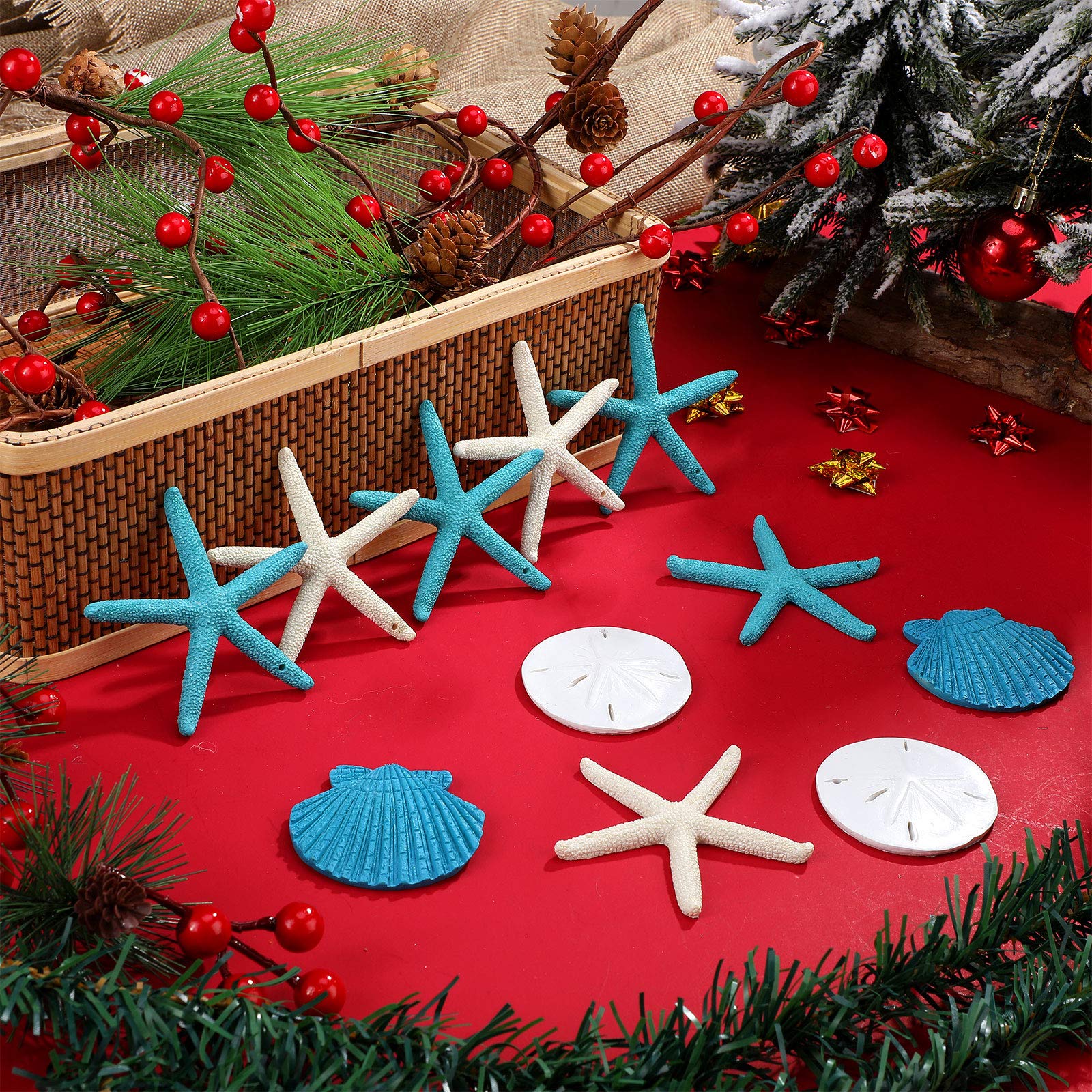 Chuangdi 20 Pieces Resin Seashell Starfish Ornaments Sand Dollar Hanging Decorations with Rope and Blue Ribbon for Summer Beach Wedding Party DIY Craft Decorations