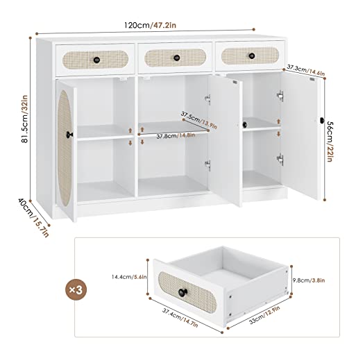FOTOSOK Buffet Cabinet, Rattan Kitchen Cabinet with 3 Doors and 3 Drawers, Sideboard with Storage and Adjustable Shelves, Buffet Table for Dining Room Living Room Hallway