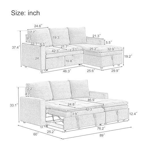 FUQIAOTEC L-Shaped Pull Out Sofa Couch with Reversible Chaise, Polyester Upholstered Sectional Storage Sleeper Sofa Bed, 89" W 3-Seater Blue Modular Fabric Sofa