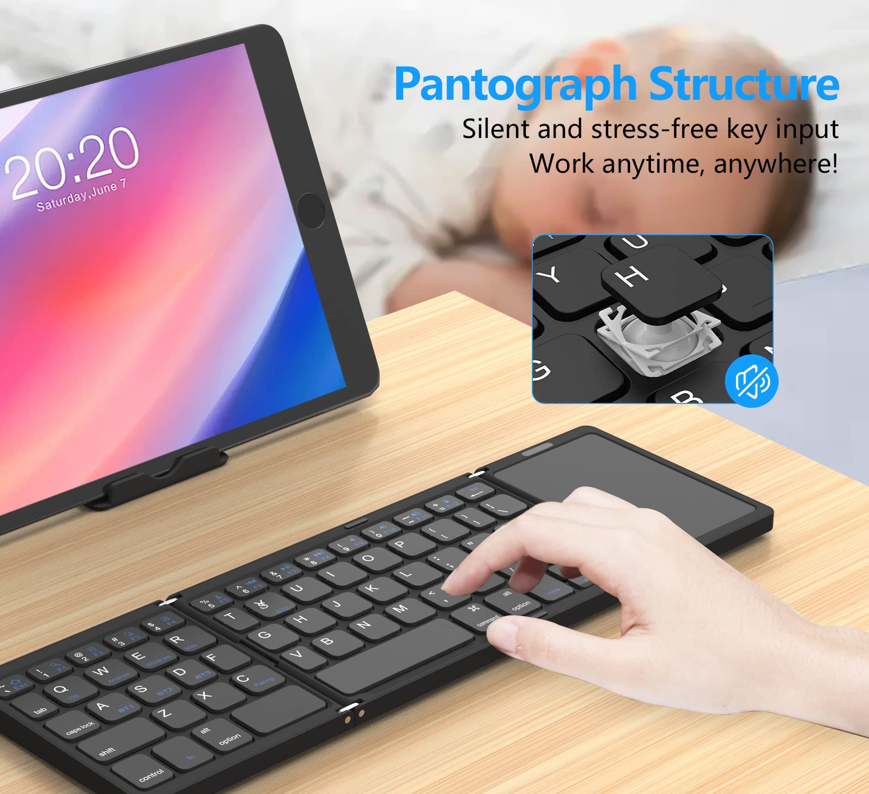 Erkovia Foldable Bluetooth Keyboard, Tri- Foldable Portable Wireless Keyboard with Touchpad, USB-C Rechargeable for iOS, Android, Windows System Laptop Tablet Smartphone Device (Not Full Size)