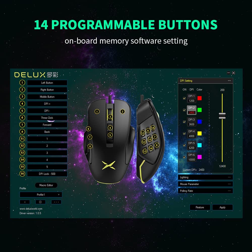 DeLUX Wired MMO Gaming Mouse with 4 Interchangeable Side Plates, 12400DPI, 14 Programmable Buttons, RGB Light, 1000Hz Report Rate, Pro Ergonomic Gamer Mouse for PC Computer Laptop (M631-Black)